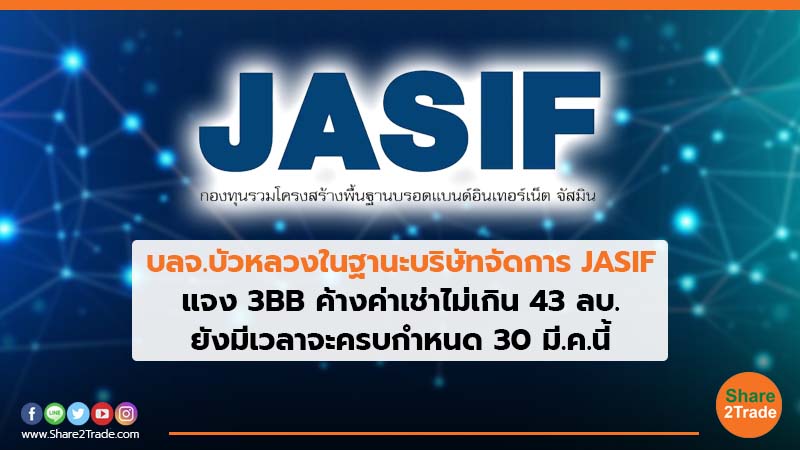 บลจ.บัวหลวงในฐานะบริษัทจัดการ JASIF แจง 3BB ค้างค่าเช่าไม่เกิน 43 ลบ.ยังมีเวลาจะครบกำหนด 30 ...